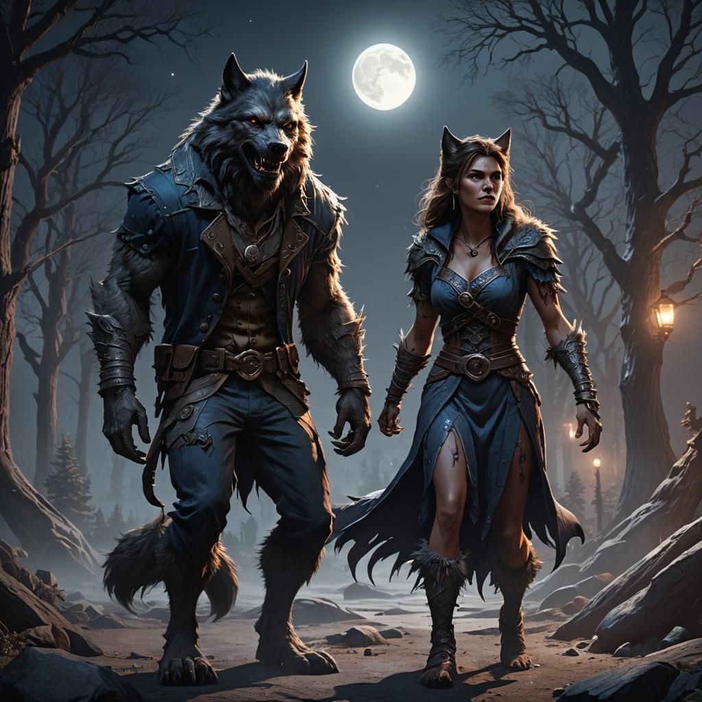 male and female werewolf couple, nighttime, moonlight, - AI Generated ...