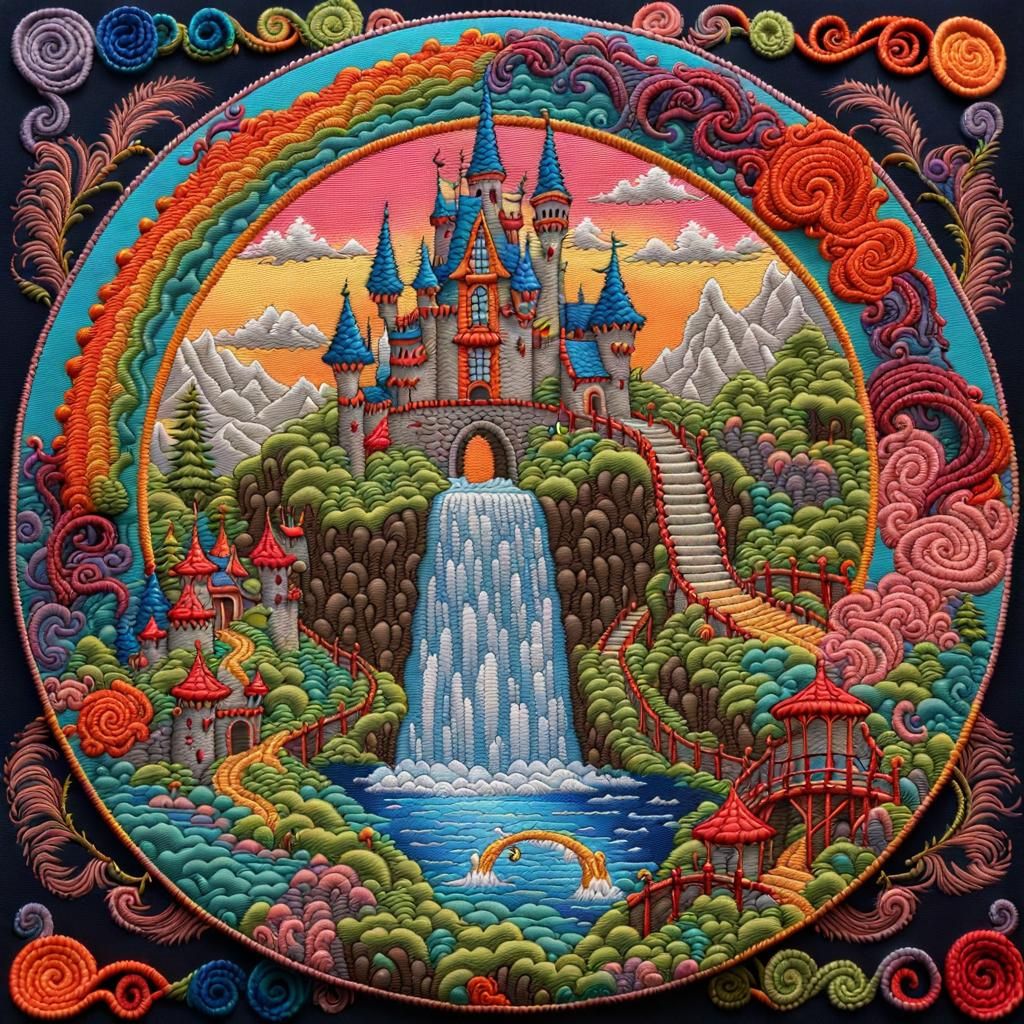 a circular Embroidery patch of a psychedelic castle with waterfall with ...
