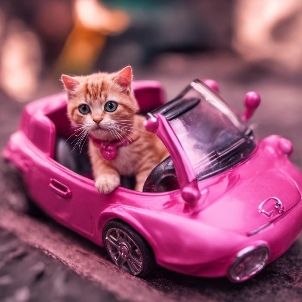 pink cat driving barbie car - AI Generated Artwork - NightCafe Creator