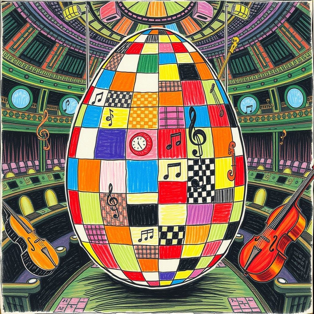 envision an Easter egg merging with musical instruments in a surreal ...