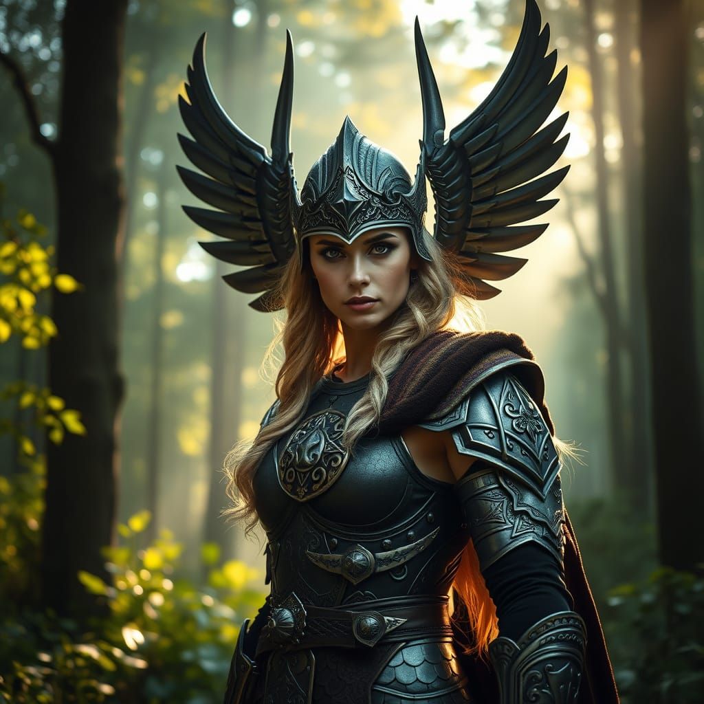 norse Valkyrie - Majestic Norse Valkyrie in Ethereal Forest...