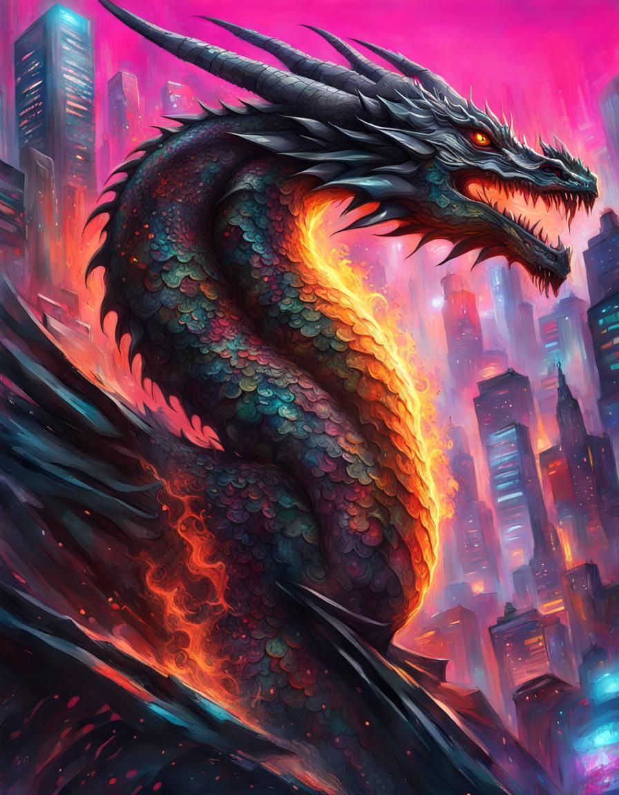 A cybernetic dragon with scales of interlocking black leather, its eyes ...