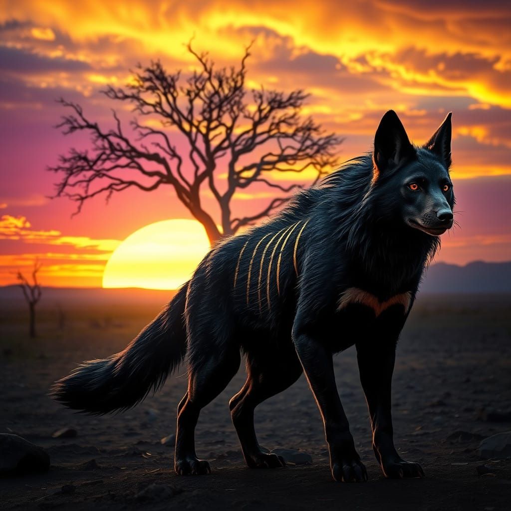 black prehistoric Marsupial wolf, - Marsupial Wolf Amidst Po...