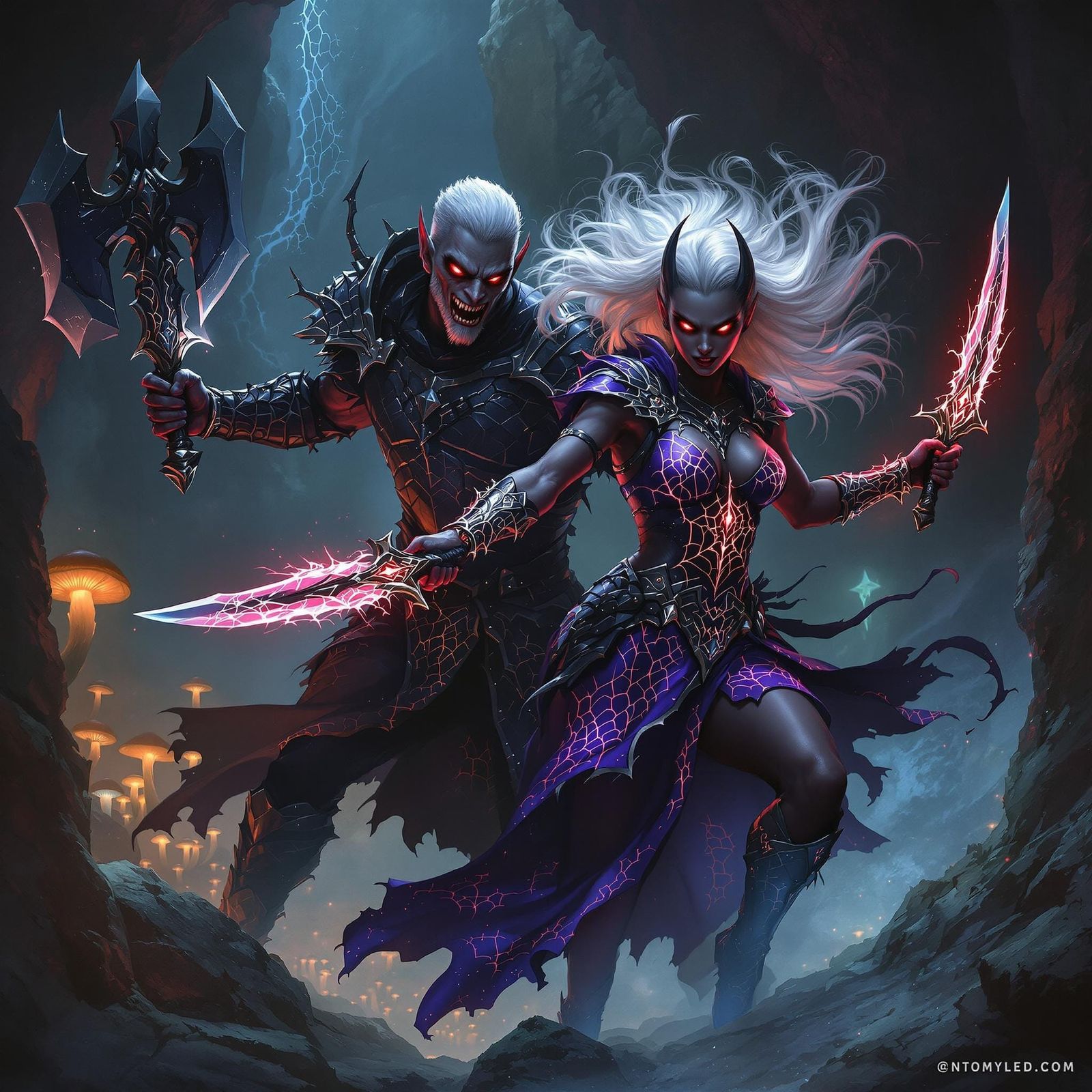 Dark grey-skinned muscular DROW elf male warrior with short, white ...