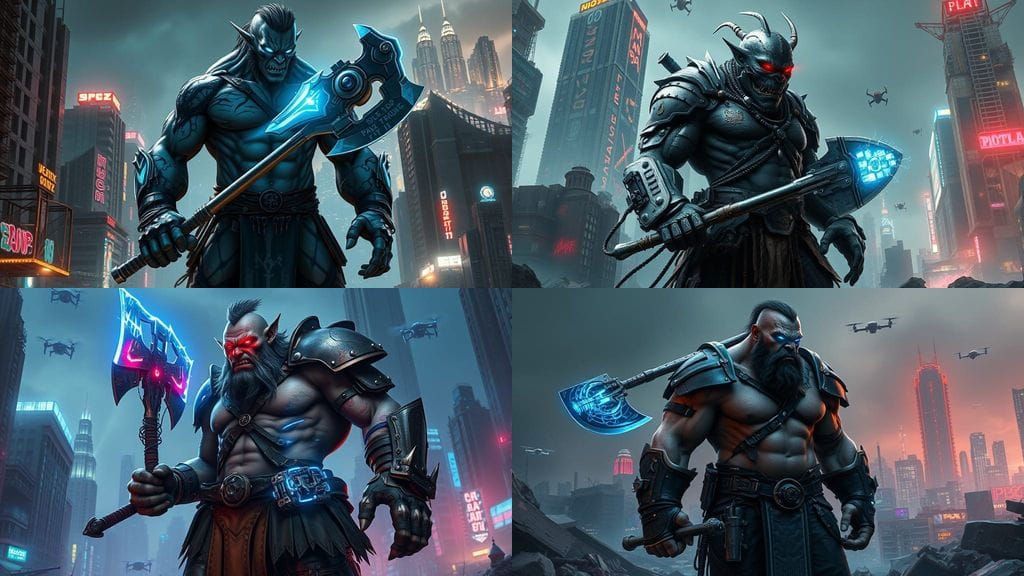 Cybernetic Orc Warrior in Neon Post-Apocalyptic Ci... - AI Art