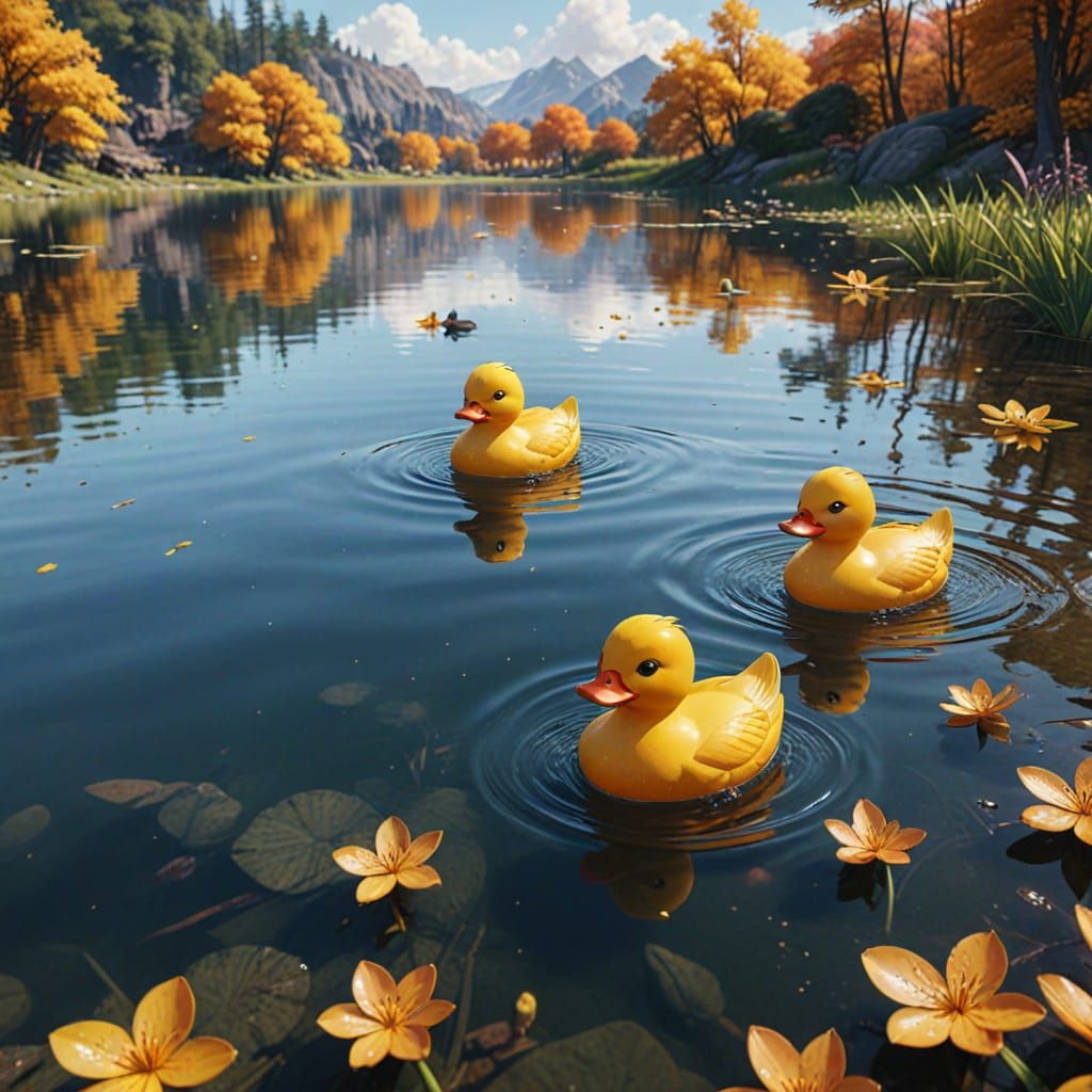 Vibrant Anime Ducks Stroll Around Serene Lake - AI Art