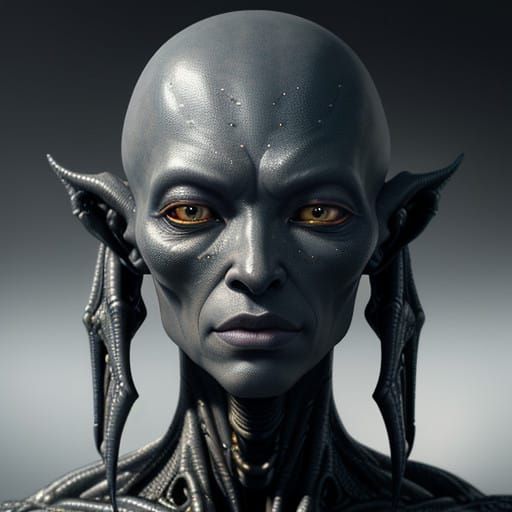 Create how looks like a face of one hybrid between humans and extraterrestrial being ...