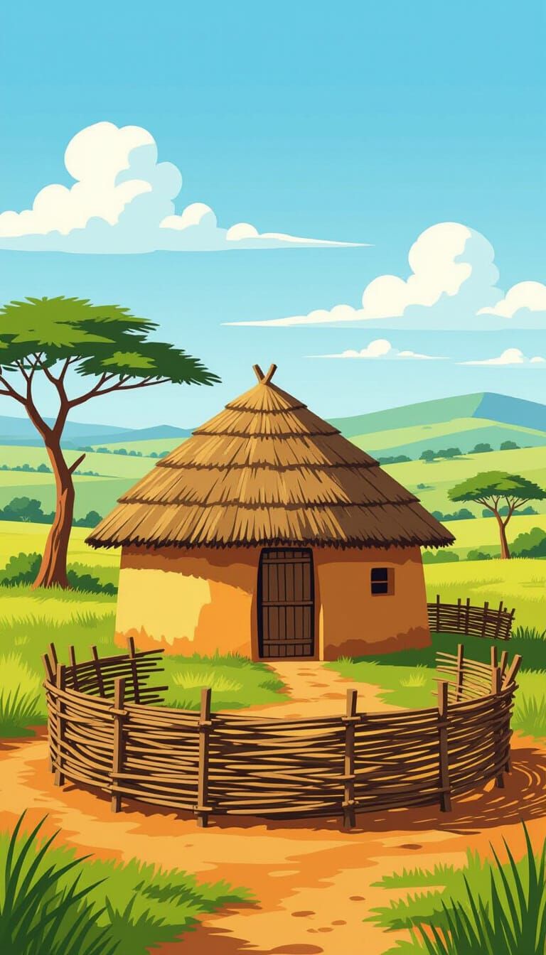 African Homestead Illustration in Naive Art Style - AI Art