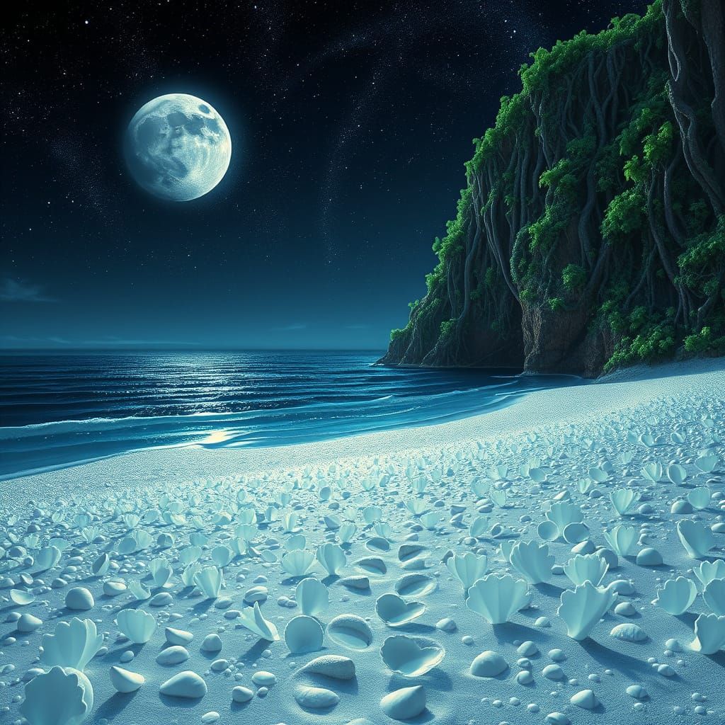 Ethereal Moonlit Beach with Bioluminescent Shells ... - AI Art