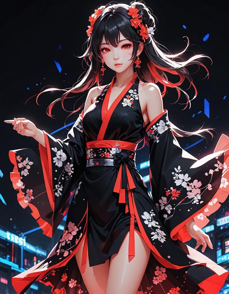 (Glowing Neon UV Black Light:2.5) Red and Silver Kimono. The dress is a ...