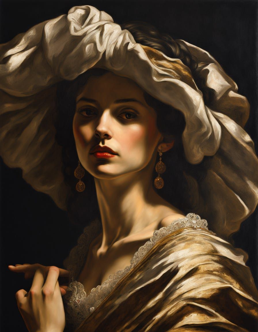 A regal woman adorned in lavish 17th-century attire, draped in ...