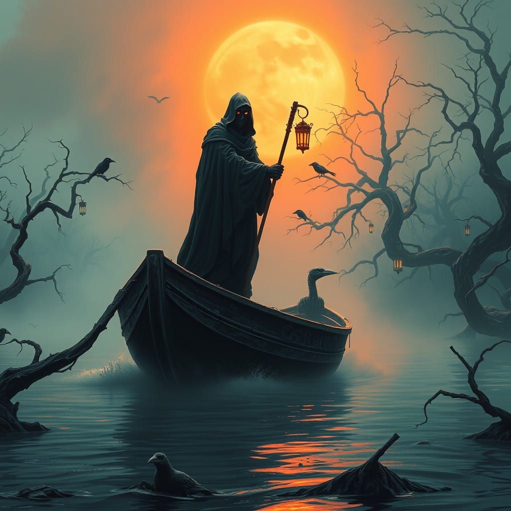 Ethereal Ferryman on River Styx: Dark, Mystical Ar... - AI Art