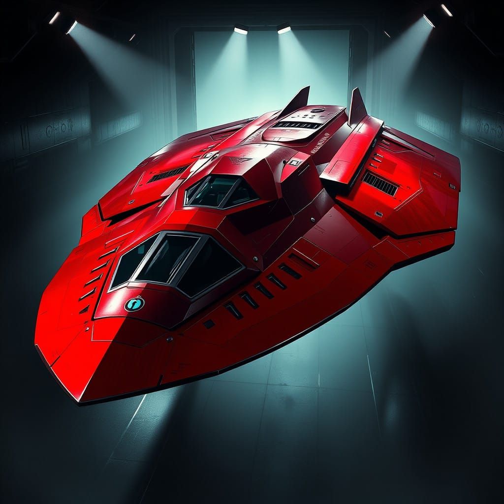 A sleek dark red starship hidden and sealed in a secret hanger. Random ...