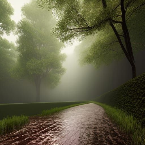 torrential rain landscape detailed matte painting storybook style ...