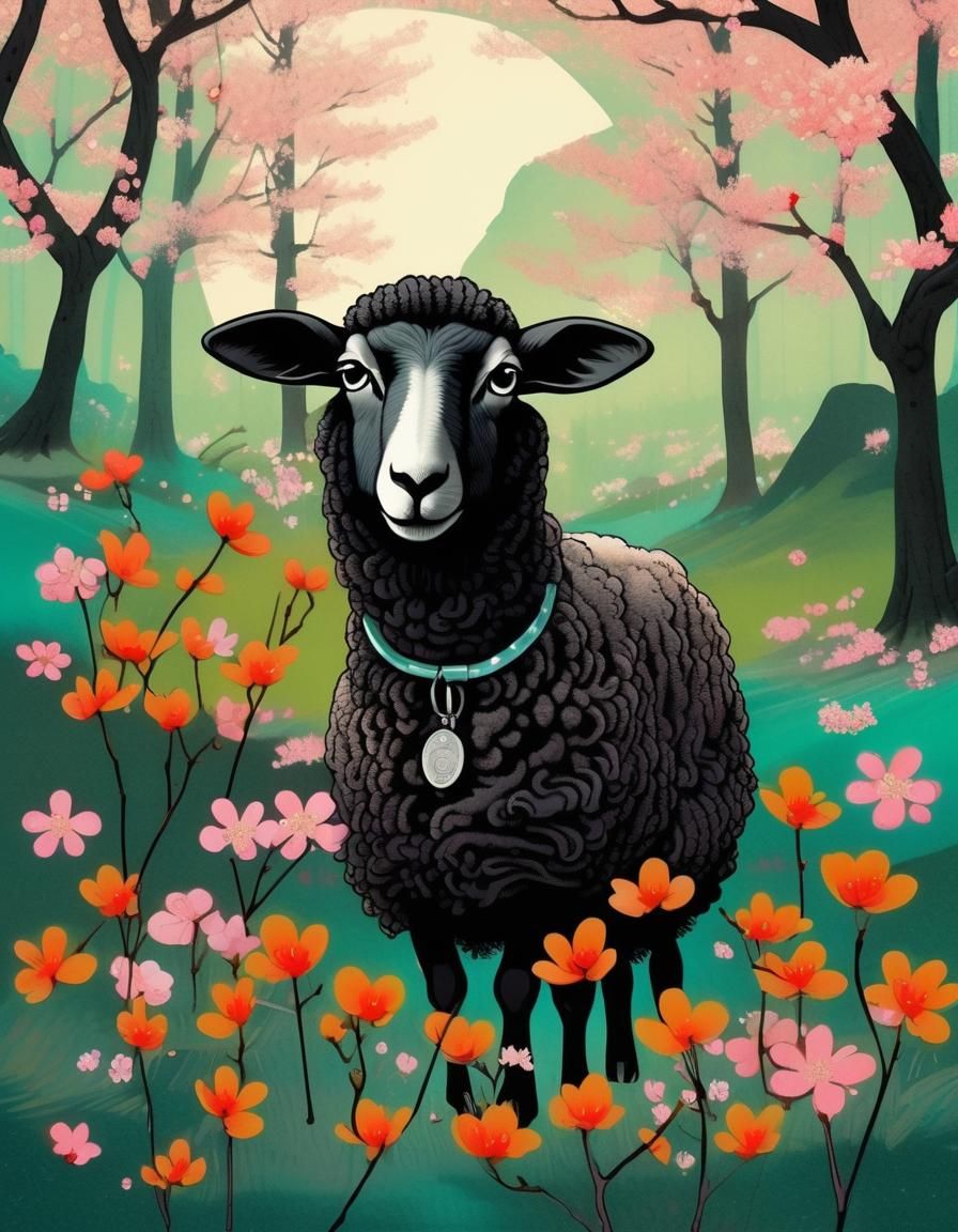 Black sheep in blossoms - AI Generated Artwork - NightCafe Creator