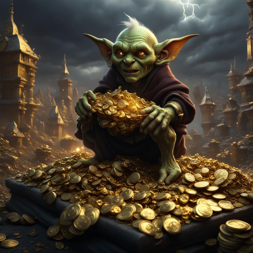 Goblin counting a pile of gold while there is a storm outside - AI ...