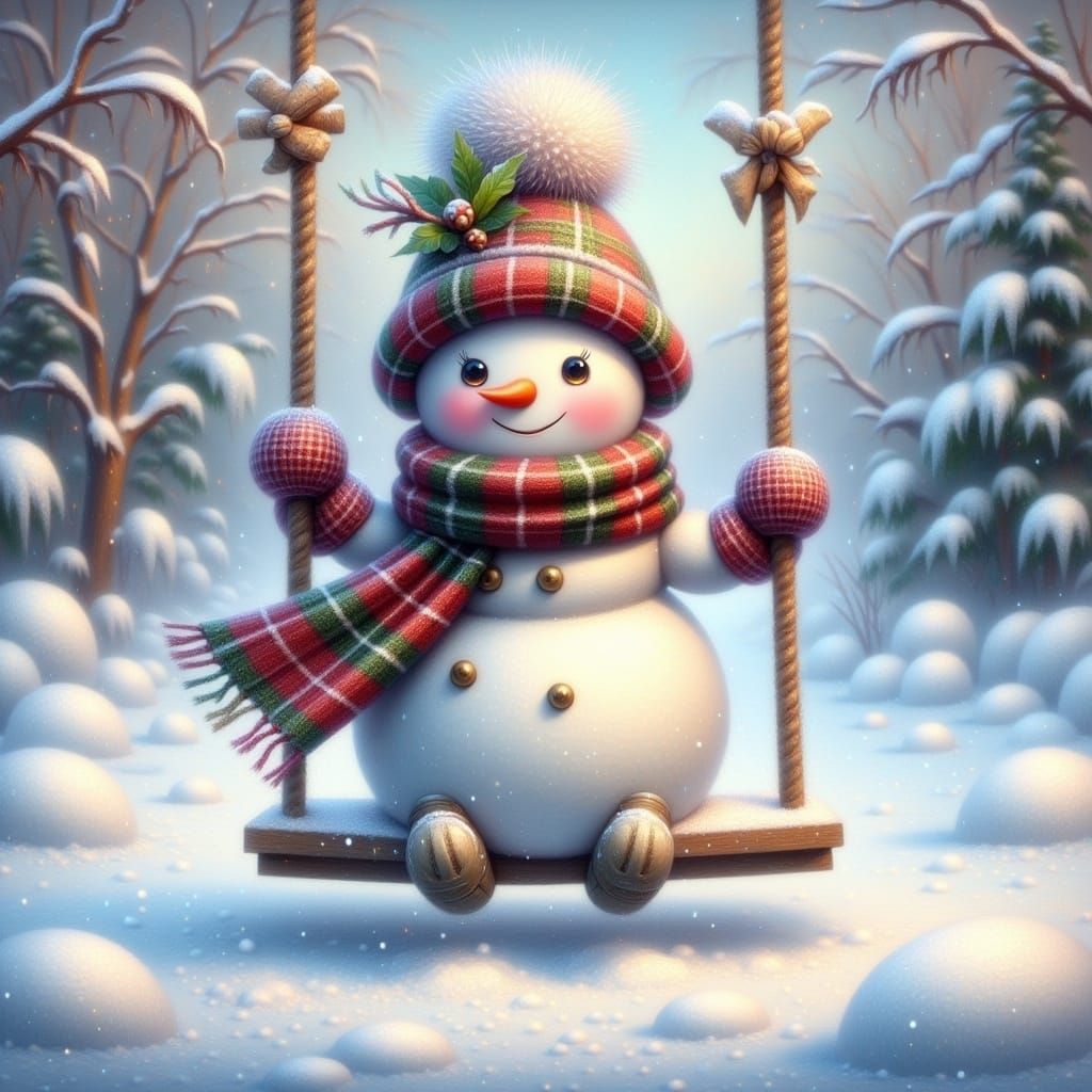 Snowman Swing - Whimsical Winter Wonderland Scene with Adora...