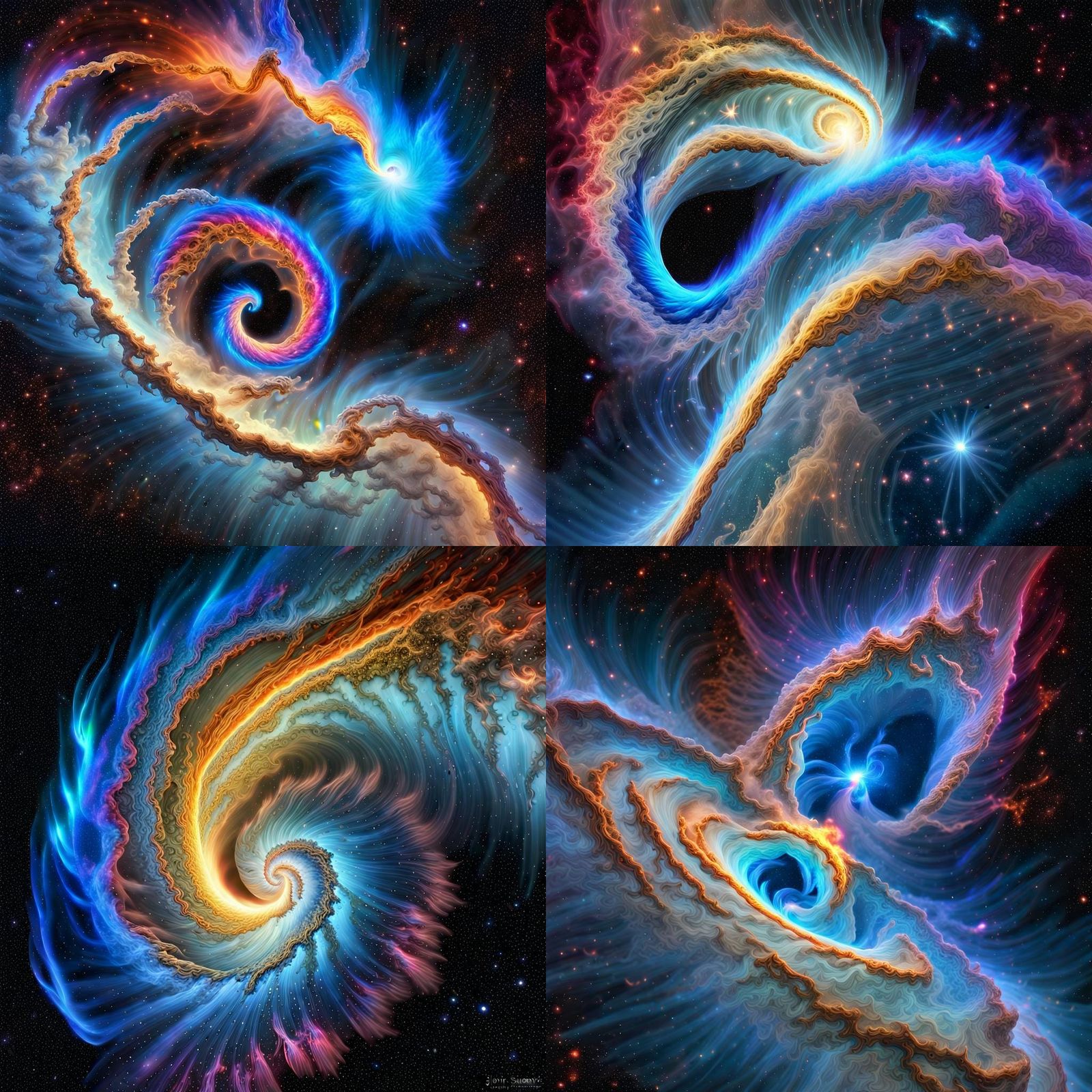 Cosmic scene collapsing star igniting, blue liquid fire blast waves, creating rainbow nebula ...