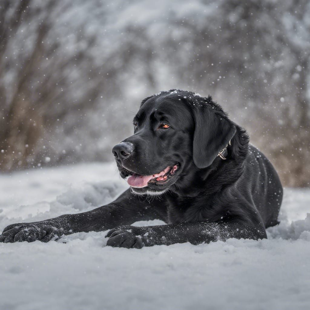 black lab rolling in the snow. having great fun. legs in the air as he ...