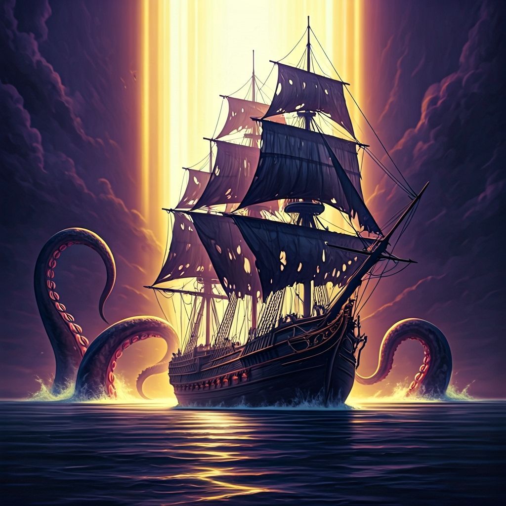 Ghostly Pirate Ship Kraken Attack in Dark Fantasy ... - AI Art