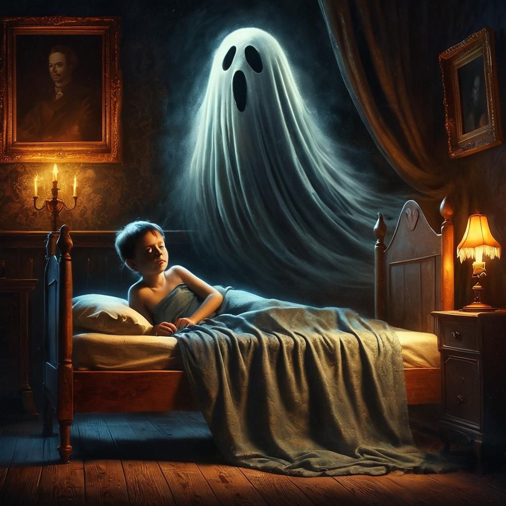 Portrait of a little ghost lying in his bed and having a nightmare ...