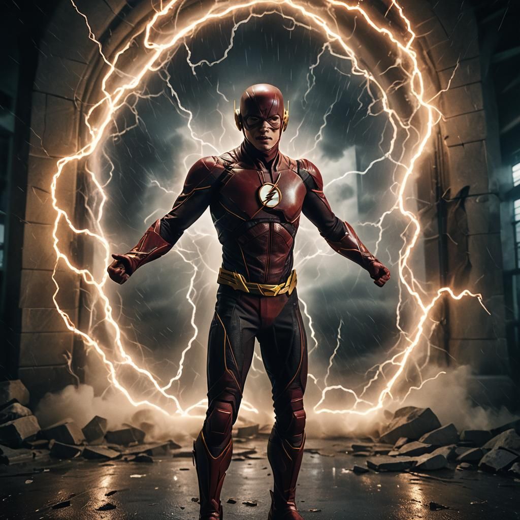 The Flash standing in front of a swirling portal of lightning - AI ...