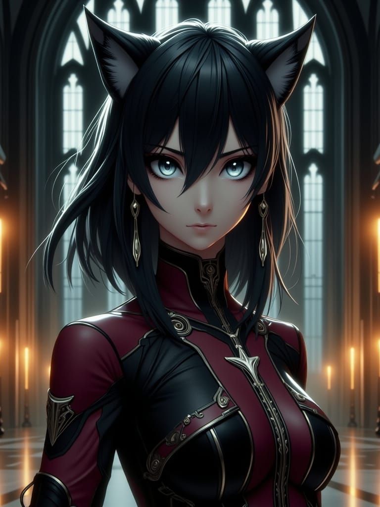 A classic victorian style pale skinned cat-eared woman with mid length ...