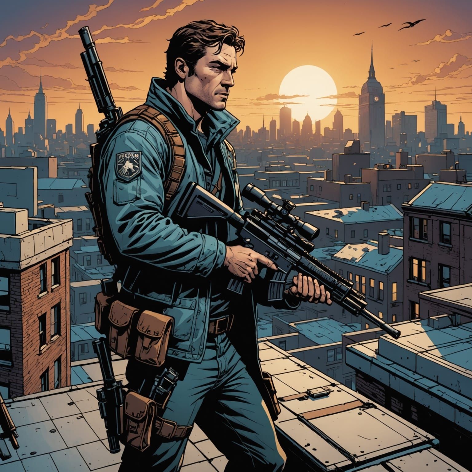 Tough Mercenary Scans the Rooftops in Comic Book S... - AI Art