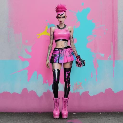skinny punk girl, mohawk hair cut, wearing pink girly crop top, pink ...