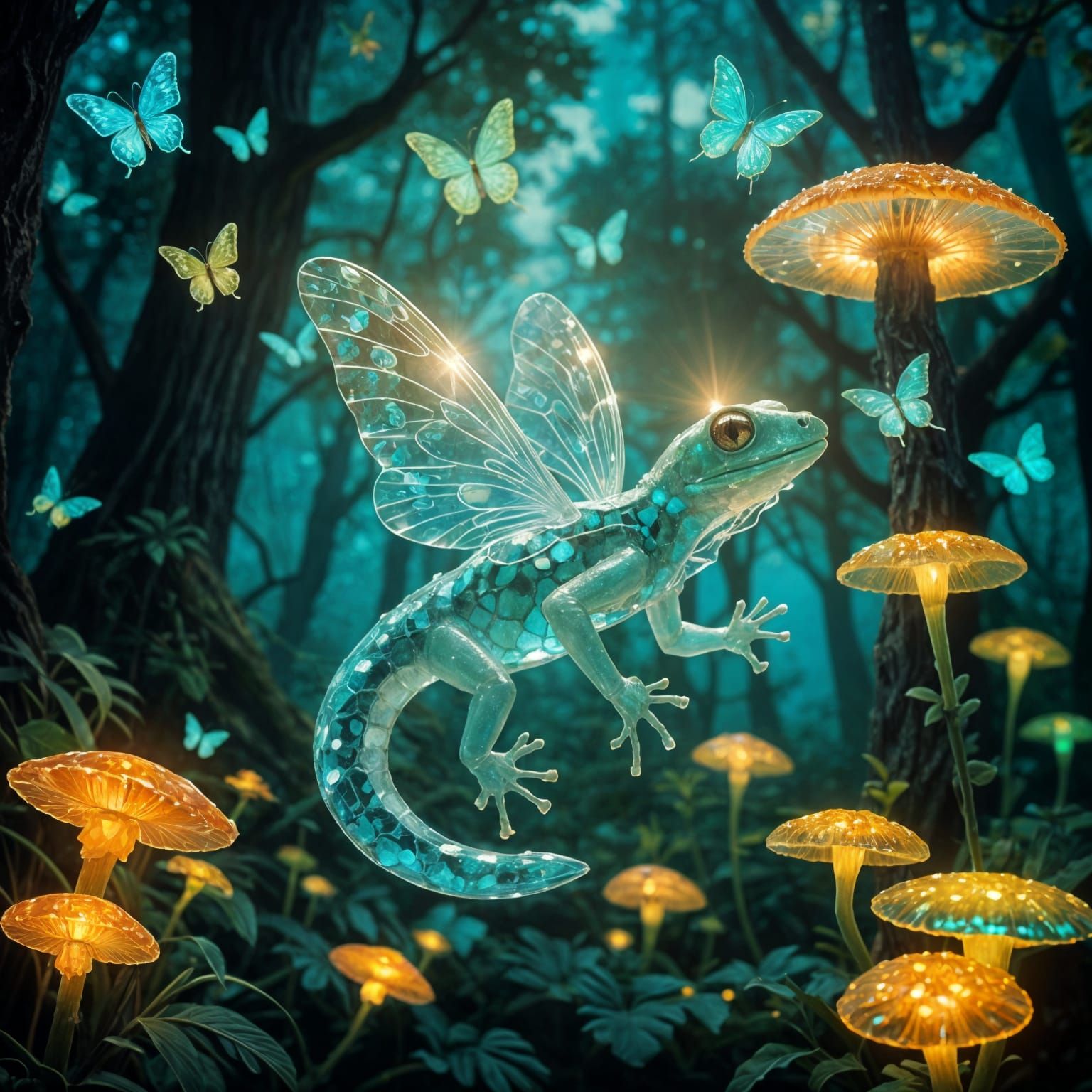 translucent transparent glowing crystal gecko, with wings on its back ...