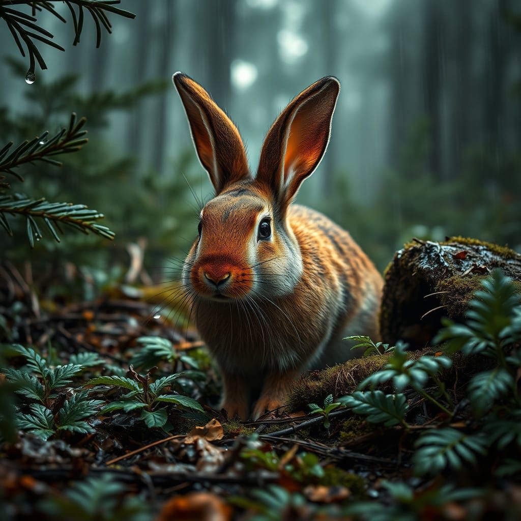 Bunny in a damp forest - Rabbit in a Mystical Forest Landsca...