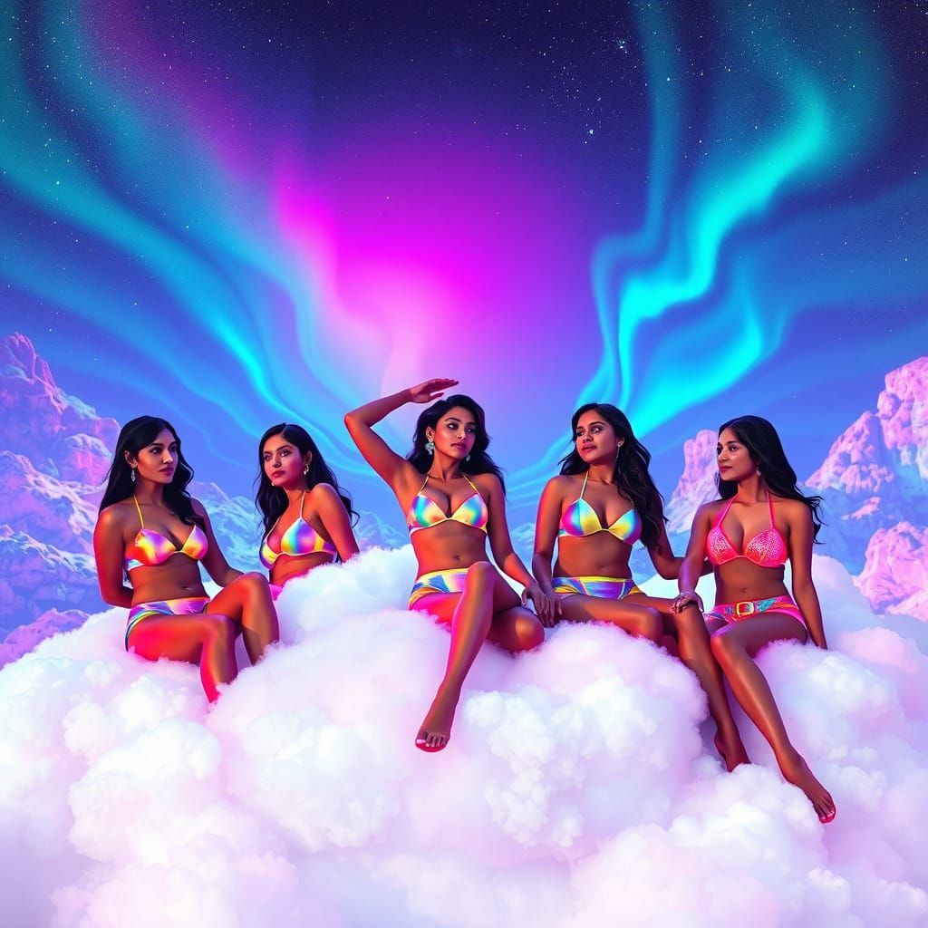 Cosmic Indian Goddesses Soar on Celestial Clouds i... - AI Art