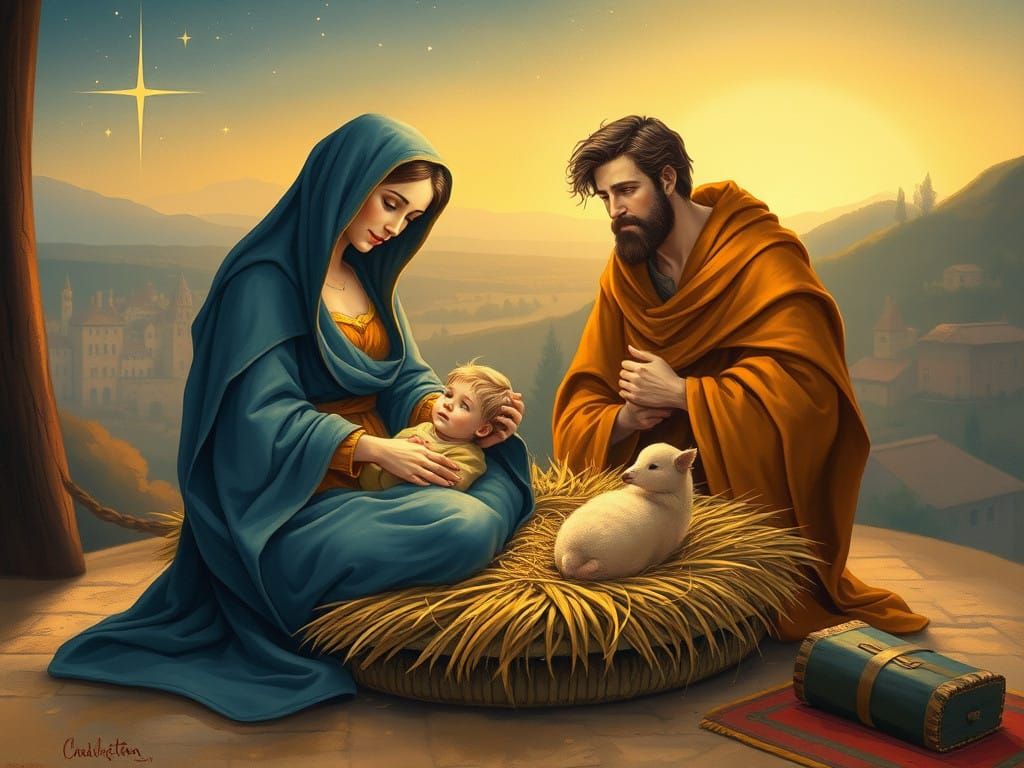 Peaceful Nativity Scene Storybook Illustration - AI Art