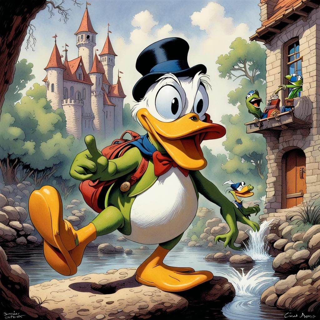 Kermit the frog by Sergio Aragones meets Donald Duck by Carl Barks - AI ...