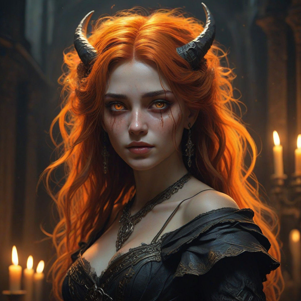 Woman Demon in Fiery Locks, Dark Fantasy Illustrat... - AI Art