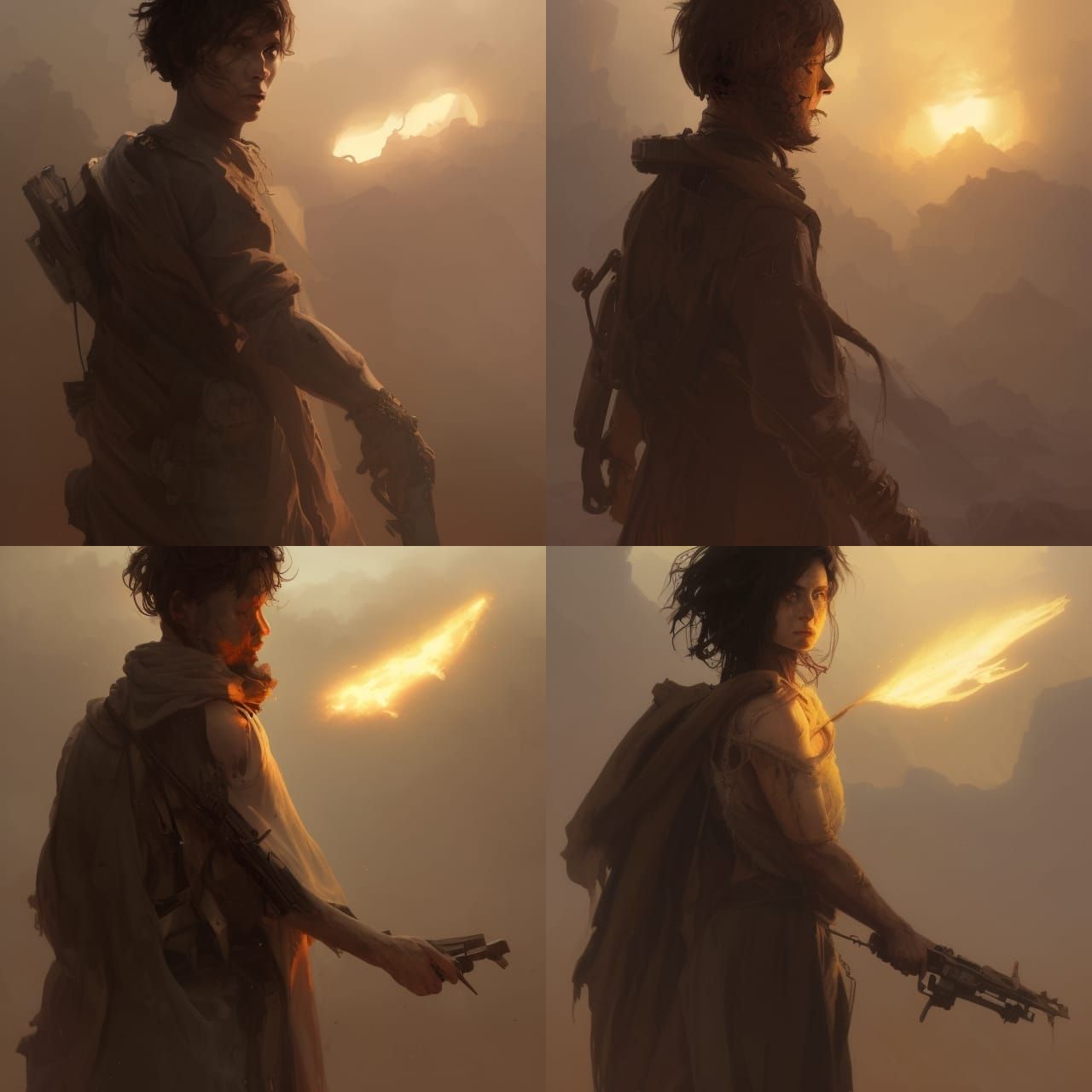 create a post-apocalyptic scene with a boy in desert walker robes - AI ...