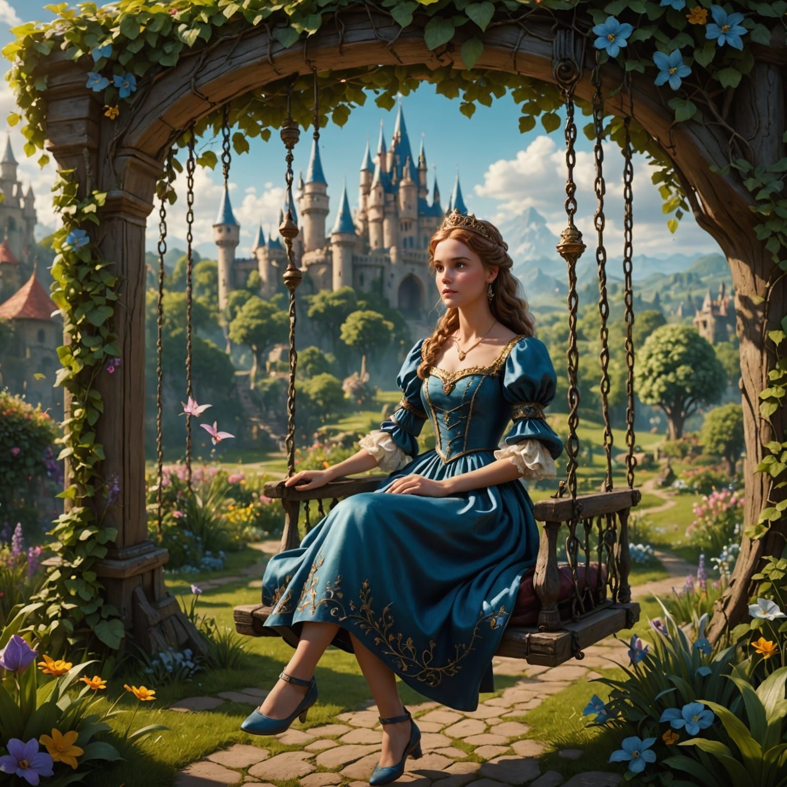 Fantastical Princess Swing Scene in Vivid Colors - AI Art