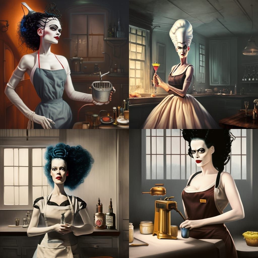 Bride of Frankenstein, what's cookin'? - AI Generated Artwork - NightCafe Creator