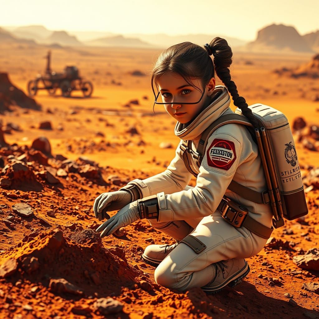 Young Martian Explorer Sofia Examines Red Planet S... - AI Art