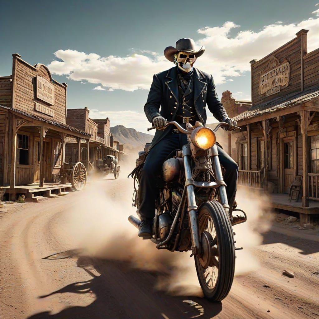 Ghost Rider Rides through Abandoned Old West Town - AI Art