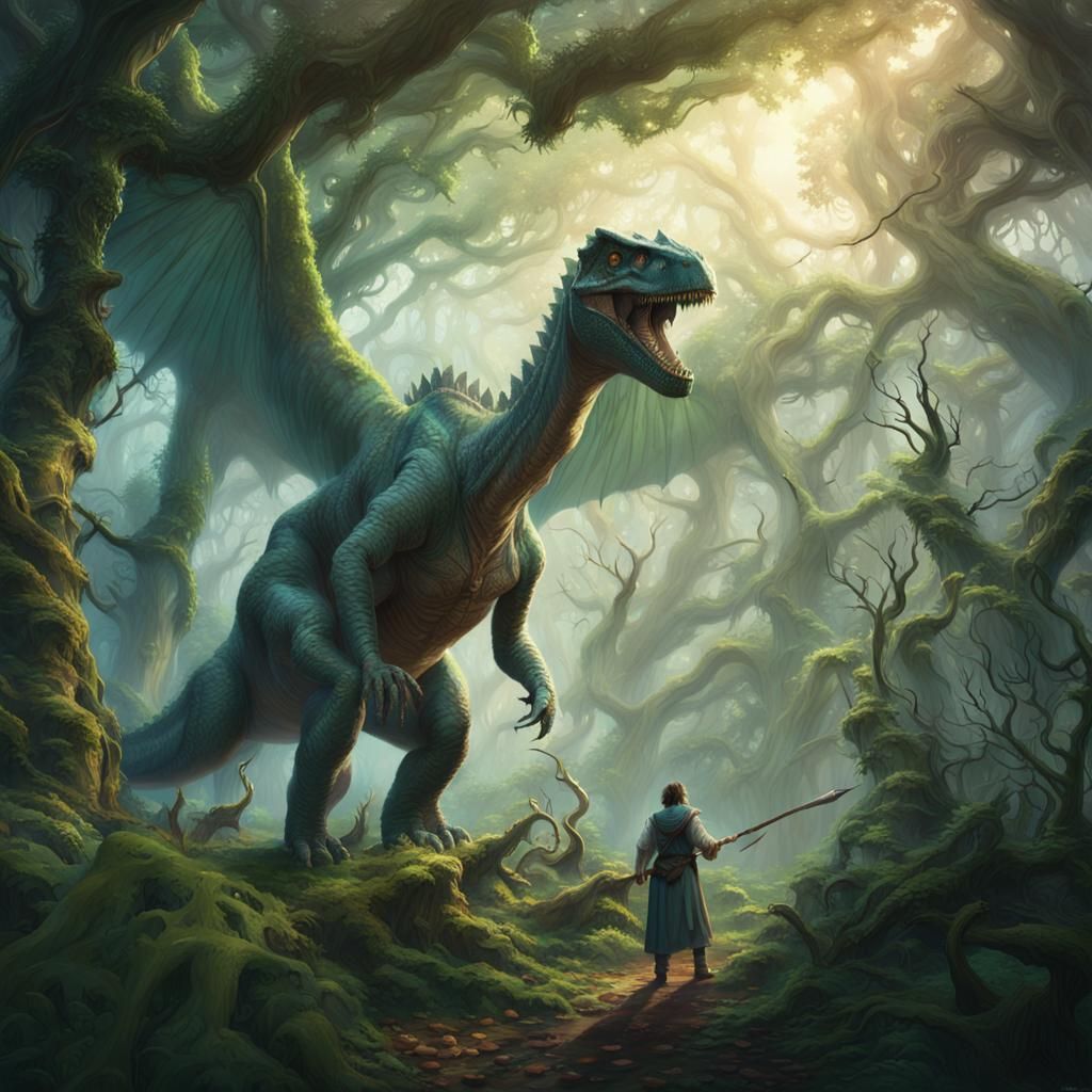 Dinosaur druid - Ethereal Dinosaur Angel in Fantasy Landscap...