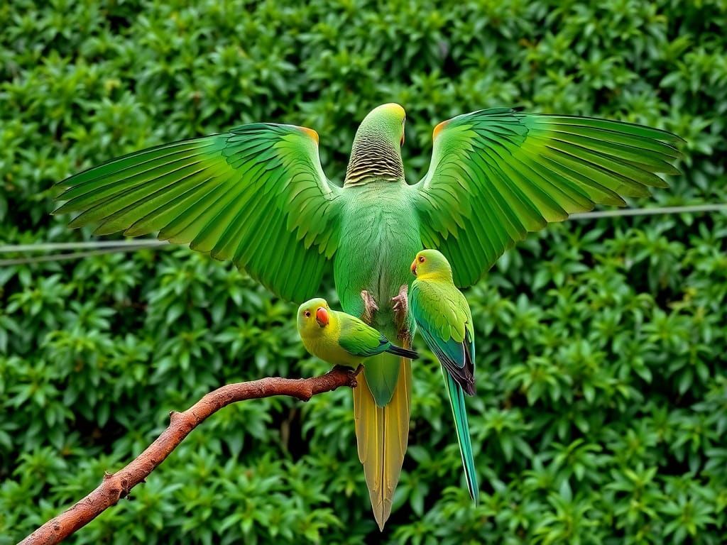 Green Parrots in Lush Tropical Foliage - AI Art