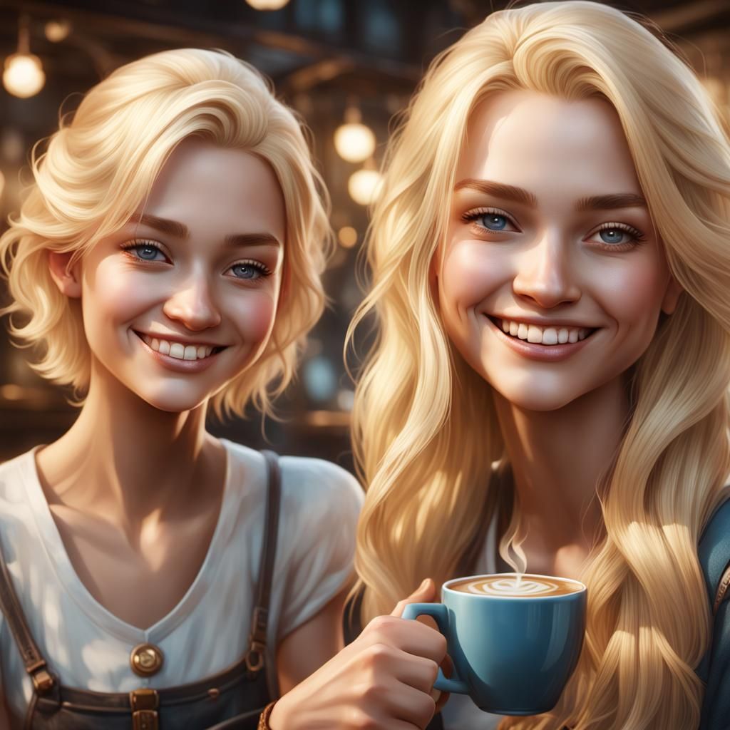 hyper-realistic fantasy art depicting (blonde women with smiling faces ...