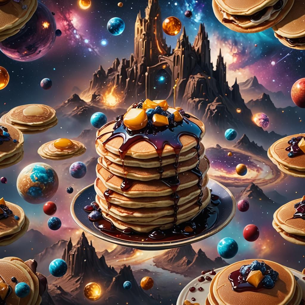 one stack of pancakes with galaxy syrup and a one planet resting on the ...