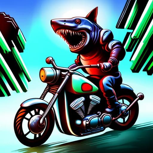 Anthropomorphic muscular shark on a motorcycle, clear features, sharp ...