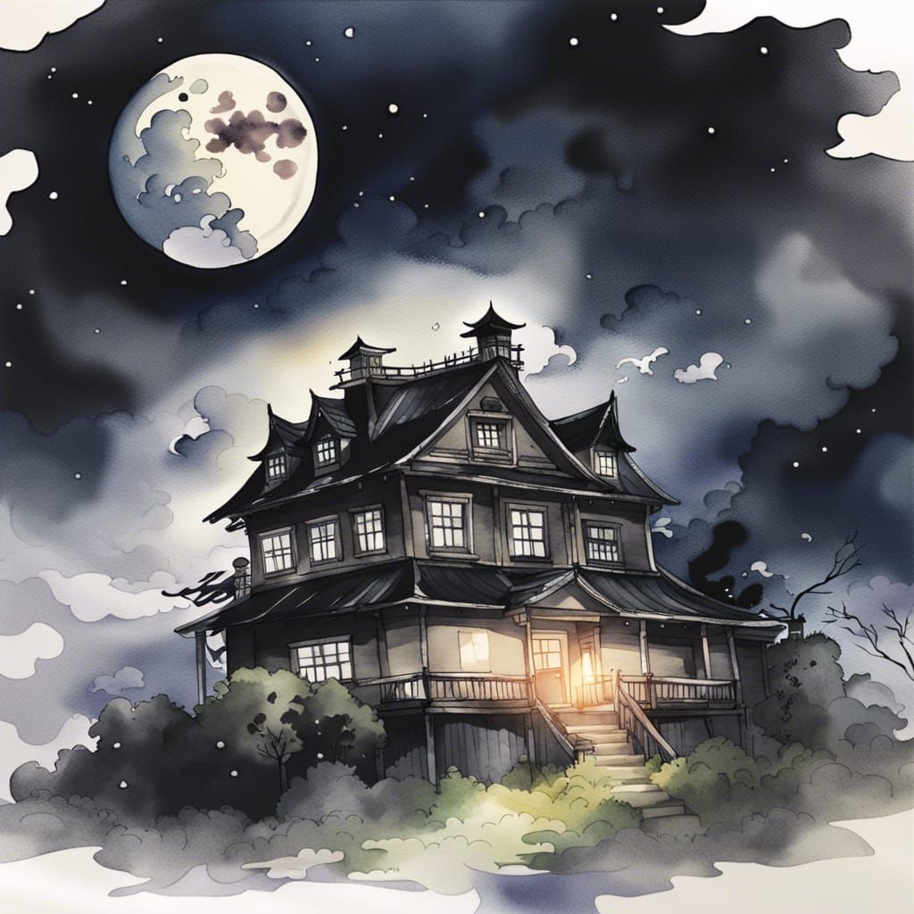 Spooky haunted house under the full moon during a thunderstorm with ...