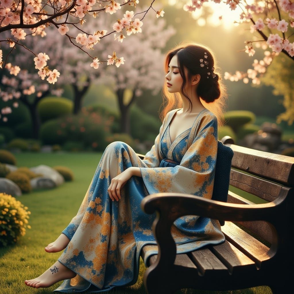 A beautiful japanese woman wearing a traditionell blue and golden ...