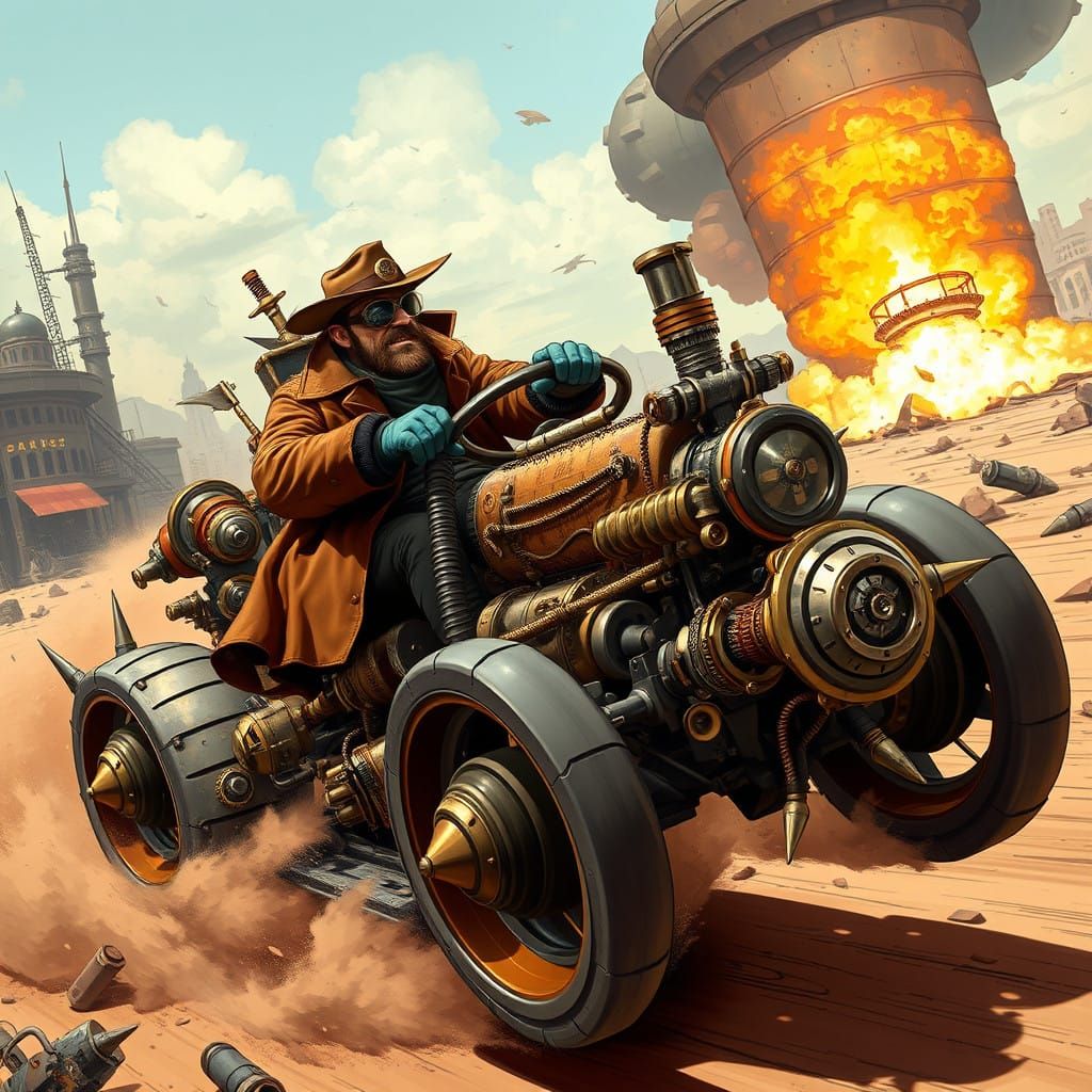 Crazy car - Steampunk Driver Speeds Through Deserted Wastela...