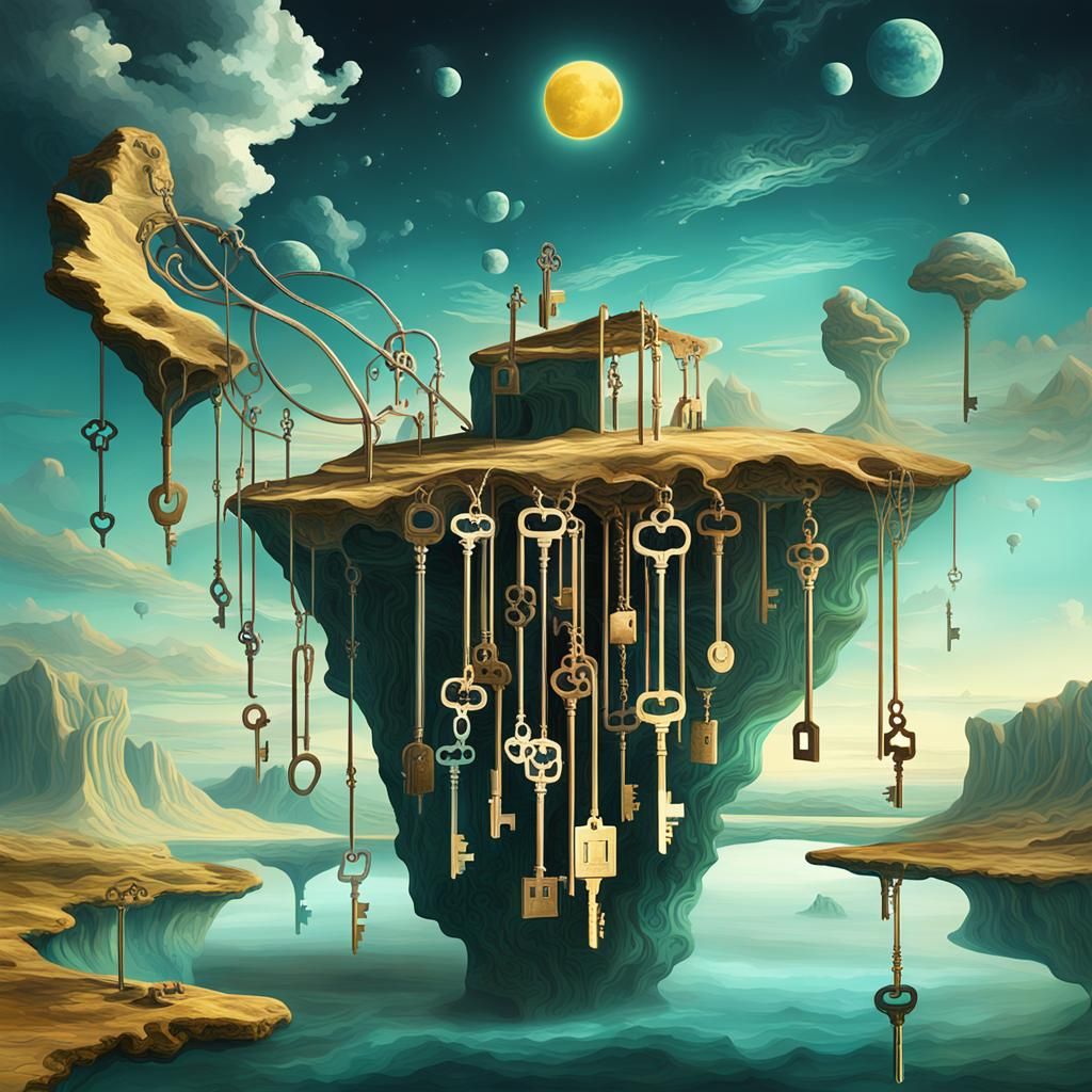 a surreal digital art piece depicting keys floating in a dreamlike ...