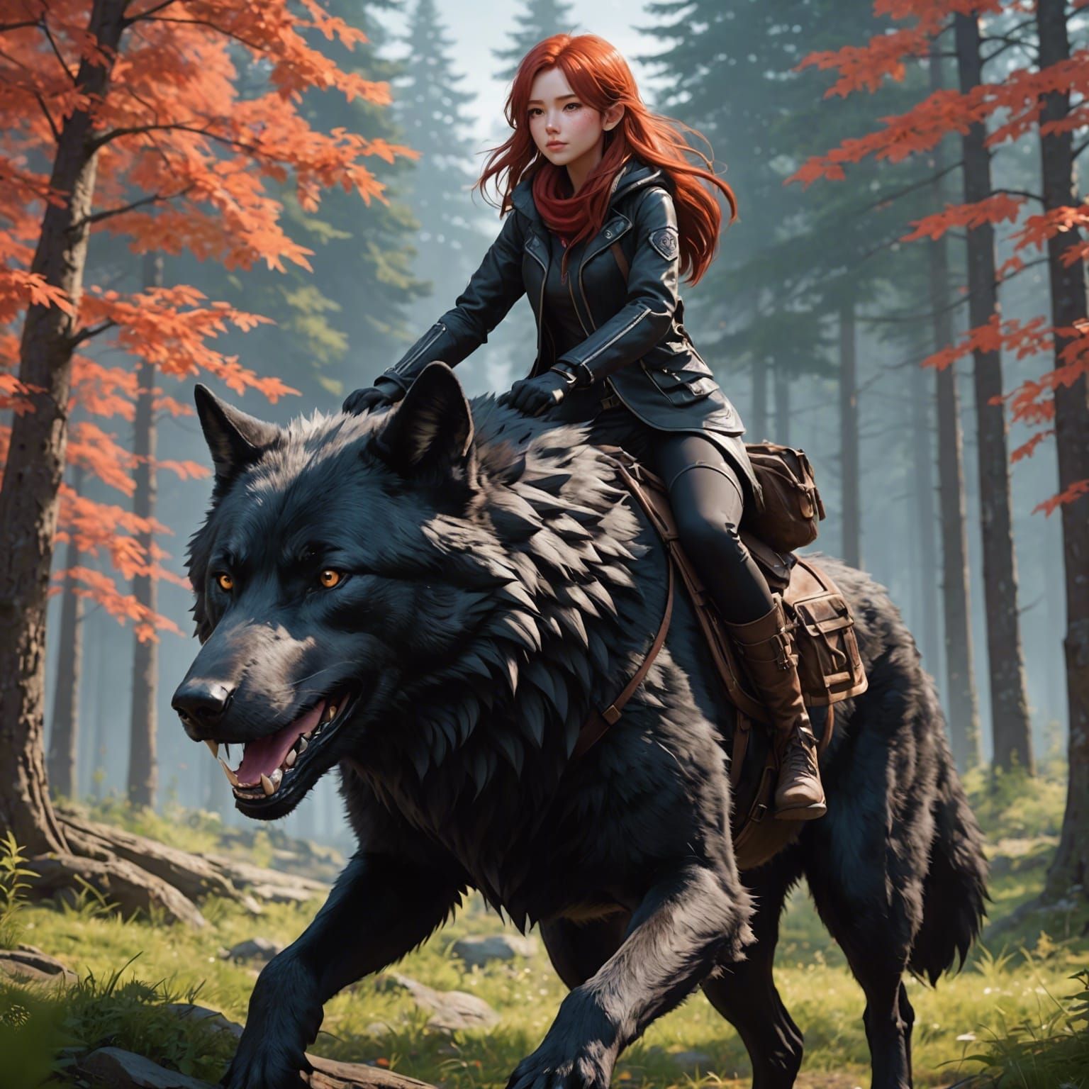 Big black wolf that looks friendly with red haired girl riding on her ...